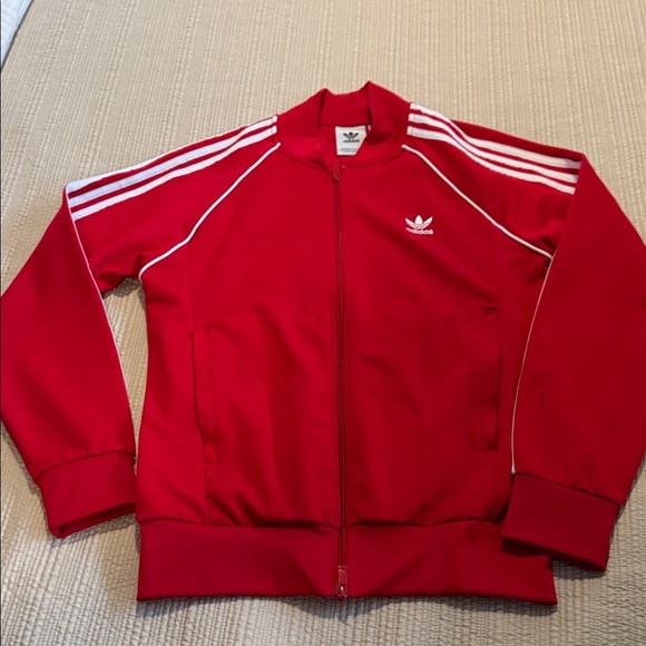 adidas | Jackets & Coats | Adidas Bold Red Jacket With White Accents ...